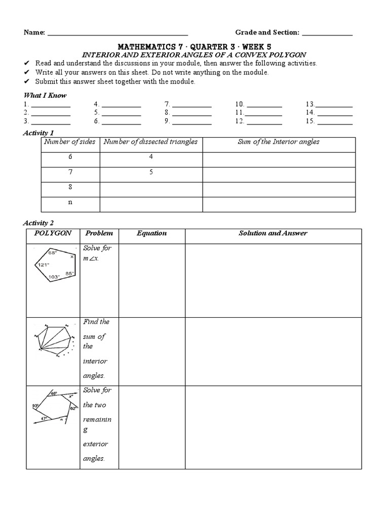 Q3 - Week 5 - Math Answer Sheet | PDF | Teaching Methods & Materials