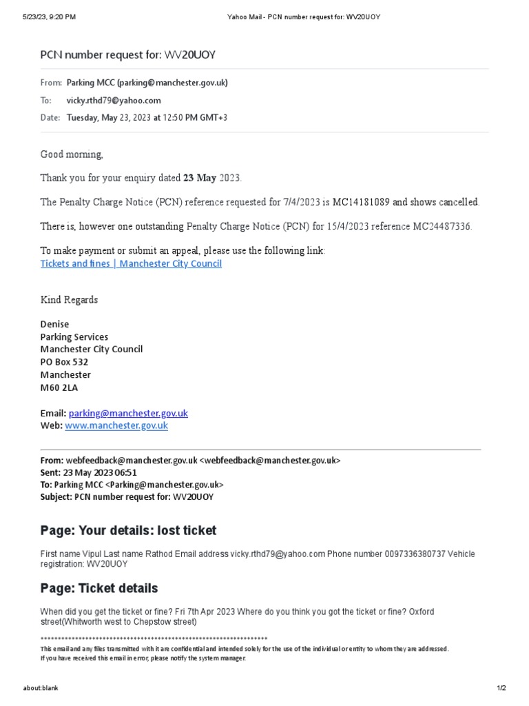 Yahoo Mail - PCN Number Request For - WV20UOY | PDF | Computing ...