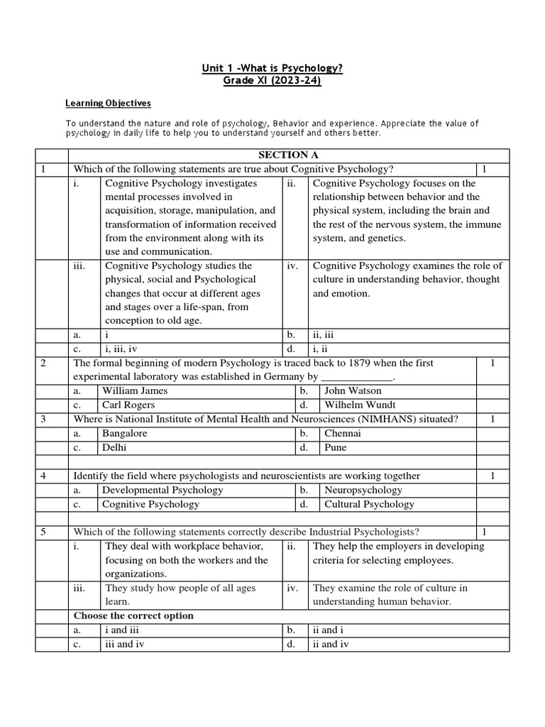 2023 2024 Class XI Psychology Part 1 AW | PDF | Psychology | Cognition 2023 2024 Class XI Psychology Part 1 AW | PDF | Psychology | Cognition