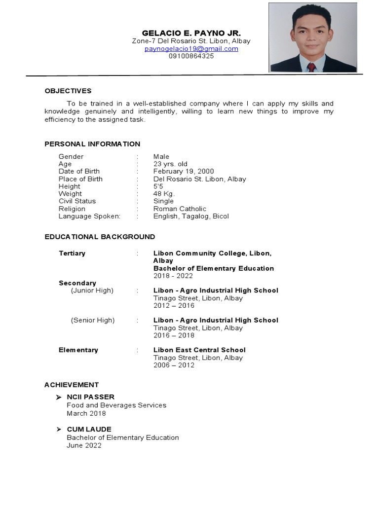 Resume of Gelacio E. Payno Jr. | PDF | Behavior Modification ...