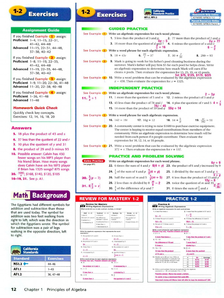 Pre Algebra 1.2 Exercises | PDF