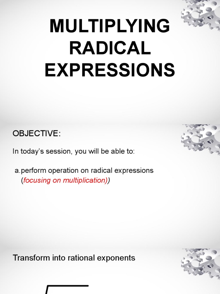 Multiplying Radical Expressions Guide | PDF | Factorization | Multiplication