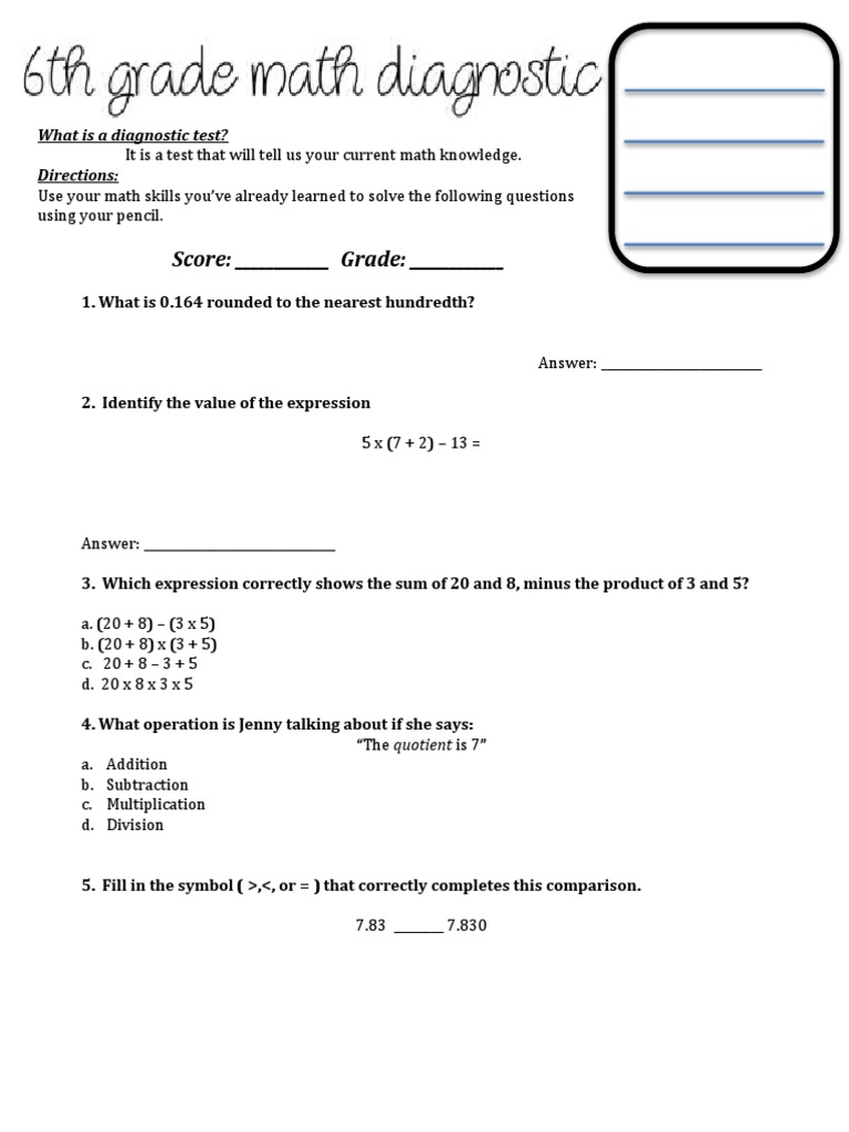 6thgrademathdiagnostictest 1 | PDF | Mathematics