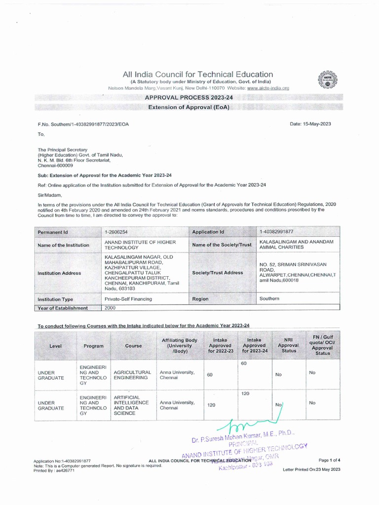 AICTE Approval 2023 Scanned | PDF