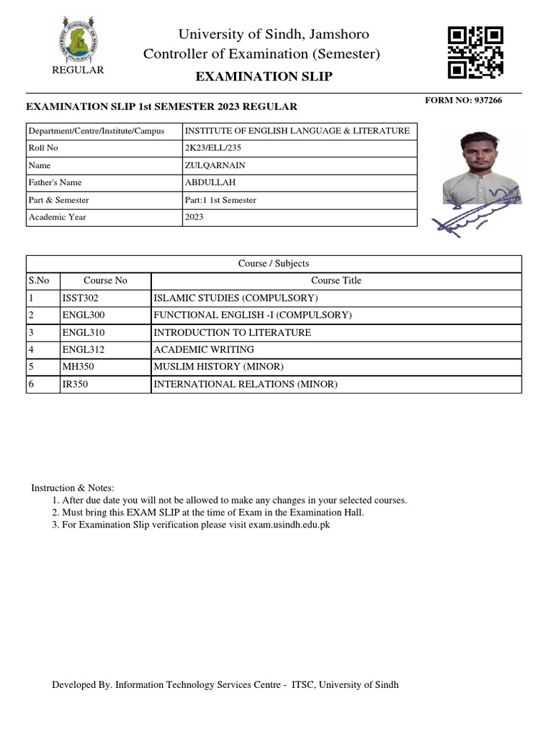 University of Sindh 1st Semester Exam Slip | PDF