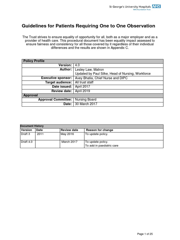 Policy For Patients Requiring One To One Observation | PDF | Nursing ...