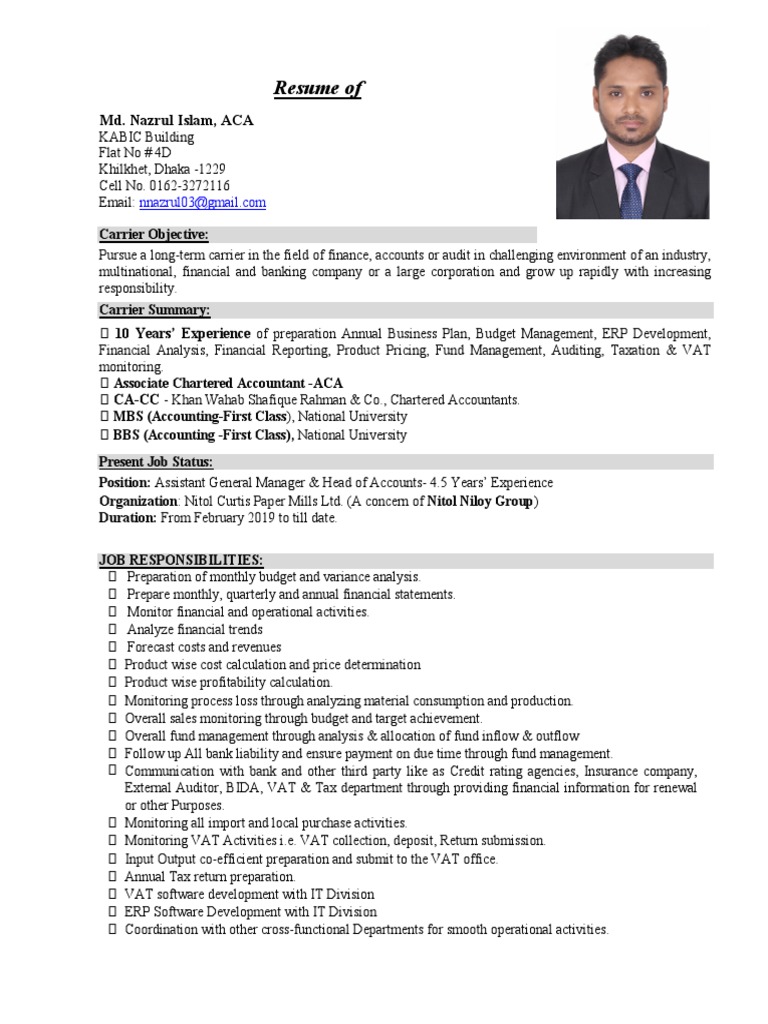 CV of Md. Nazrul Islam ACA | PDF | Value Added Tax | Taxes