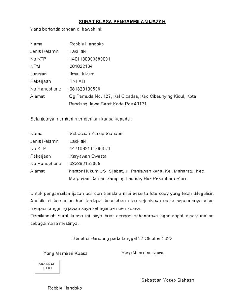 Surat Kuasa Pengambilan Ijazah | PDF