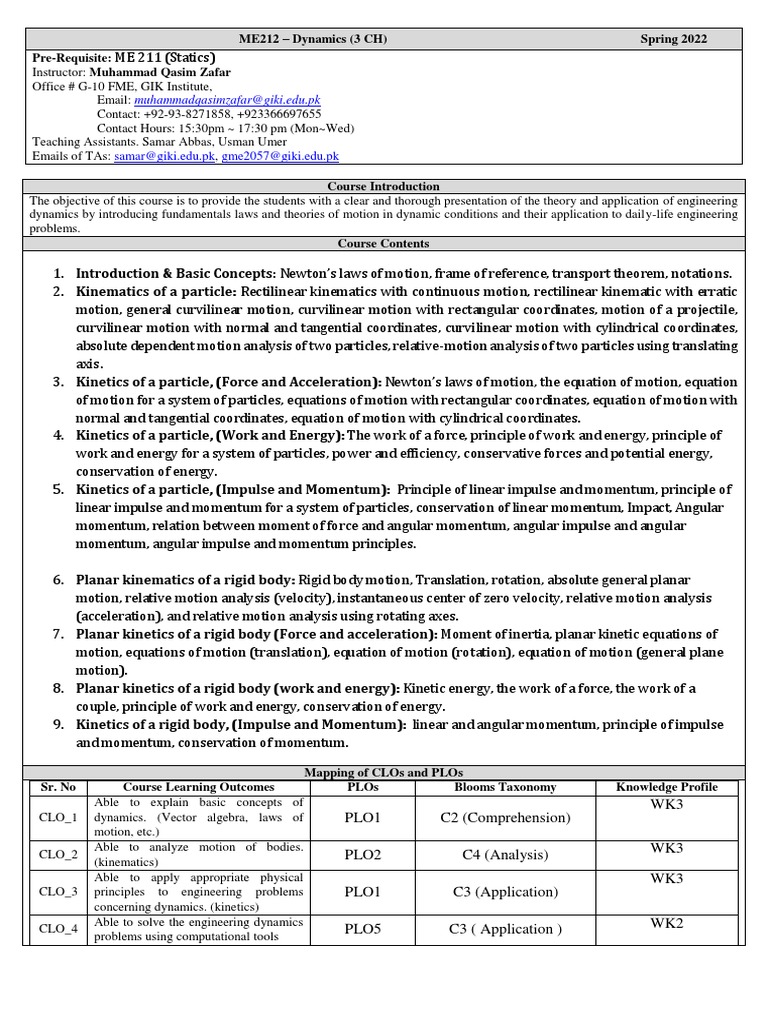 ME-212, Dynamics-Course Outline (Spring 2022) | PDF