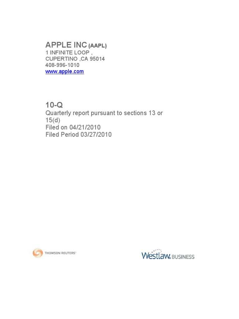 Apple Inc: Quarterly Report Pursuant To Sections 13 or 15 (D) Filed On ...