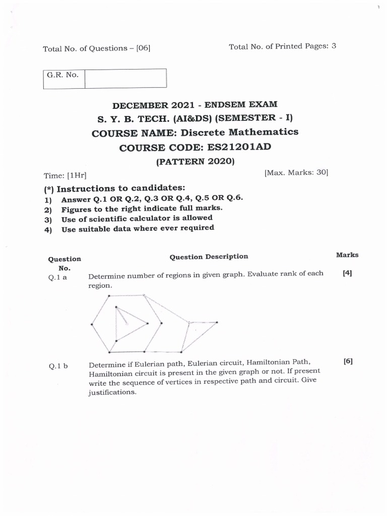 Discrete Mathematics Sem I Pattern 2020 EndSem December 2021 QP | PDF