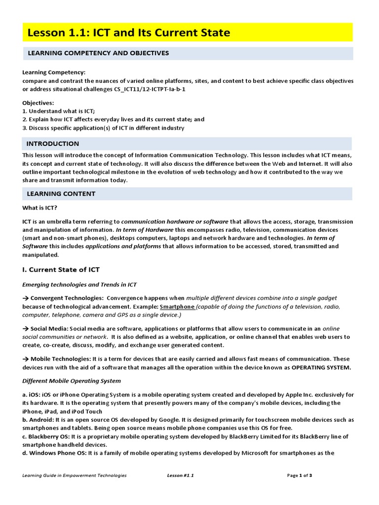 Lesson 1.1 ICT and its Current State | PDF | World Wide Web | Internet ...
