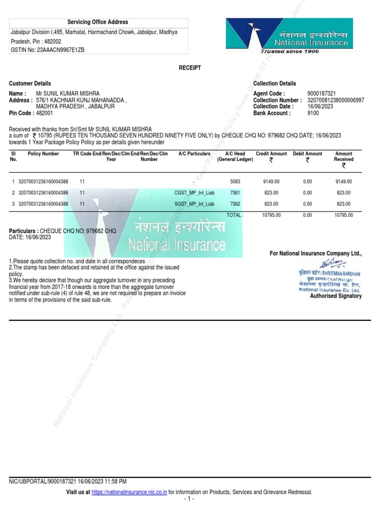 National Insurance Company Ltd. Policy No: 32070031236160004388 1 Year ...