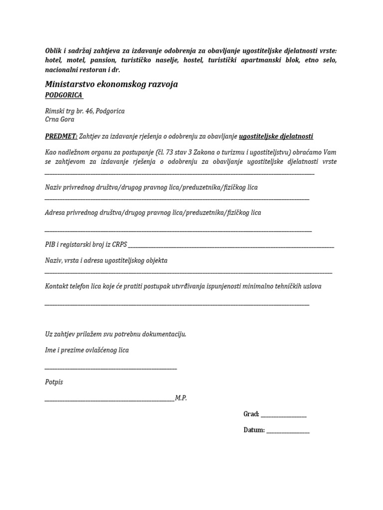 Zahtjev Za Ugost - Obj.hoteli I SL - Smjestaj | PDF
