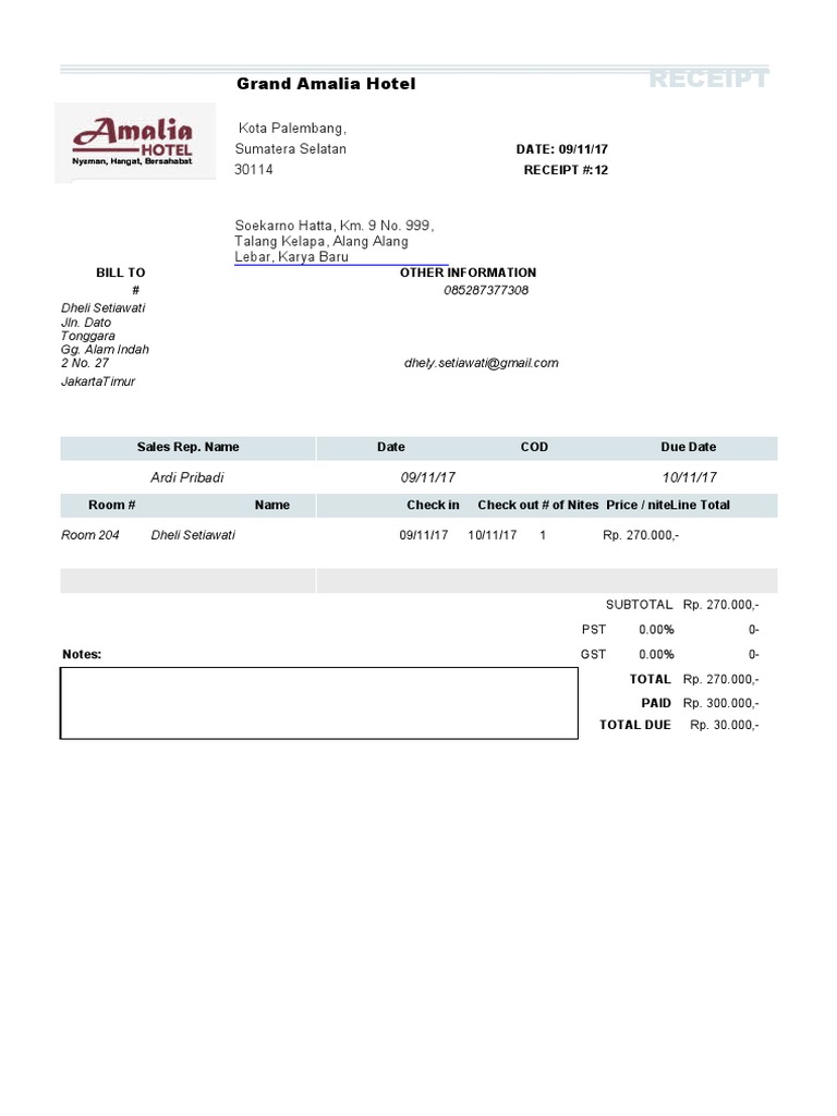 1 Contoh Bill Hotel Secara Umum | PDF