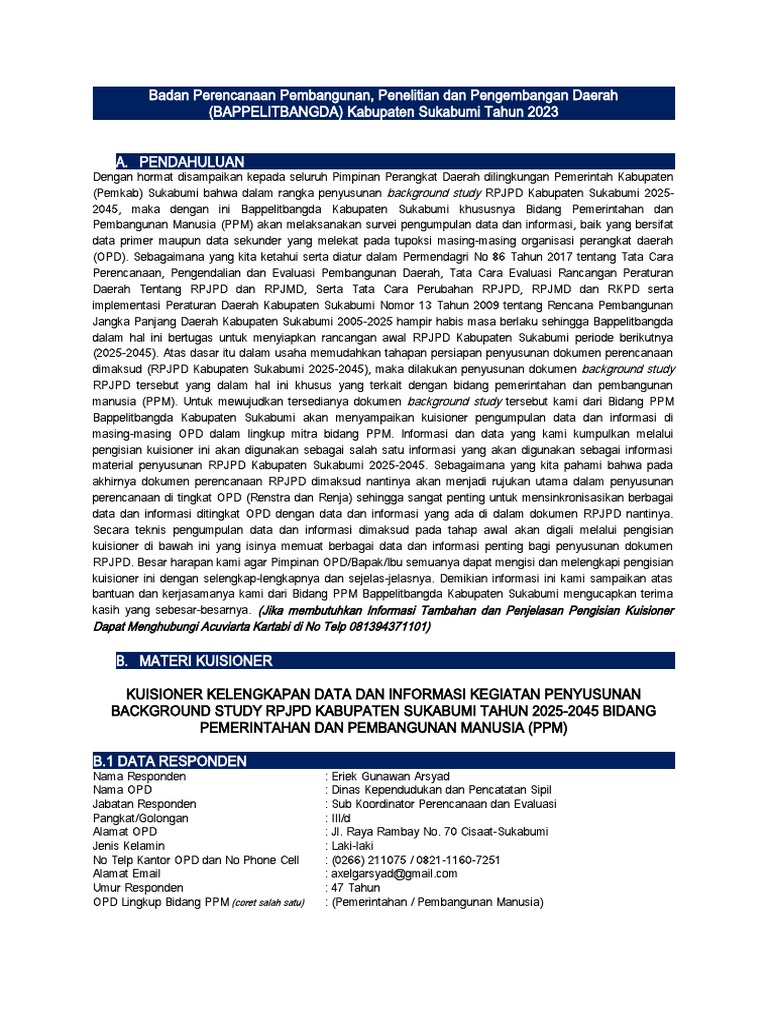 Disdukcapil - KUISIONER RPJPD 2025-2045 OK | PDF