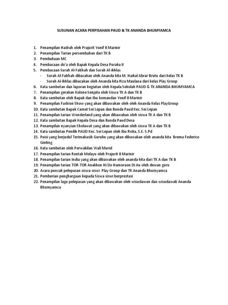 Susunan Acara Perpisahan Ananda Bhumyamca | PDF