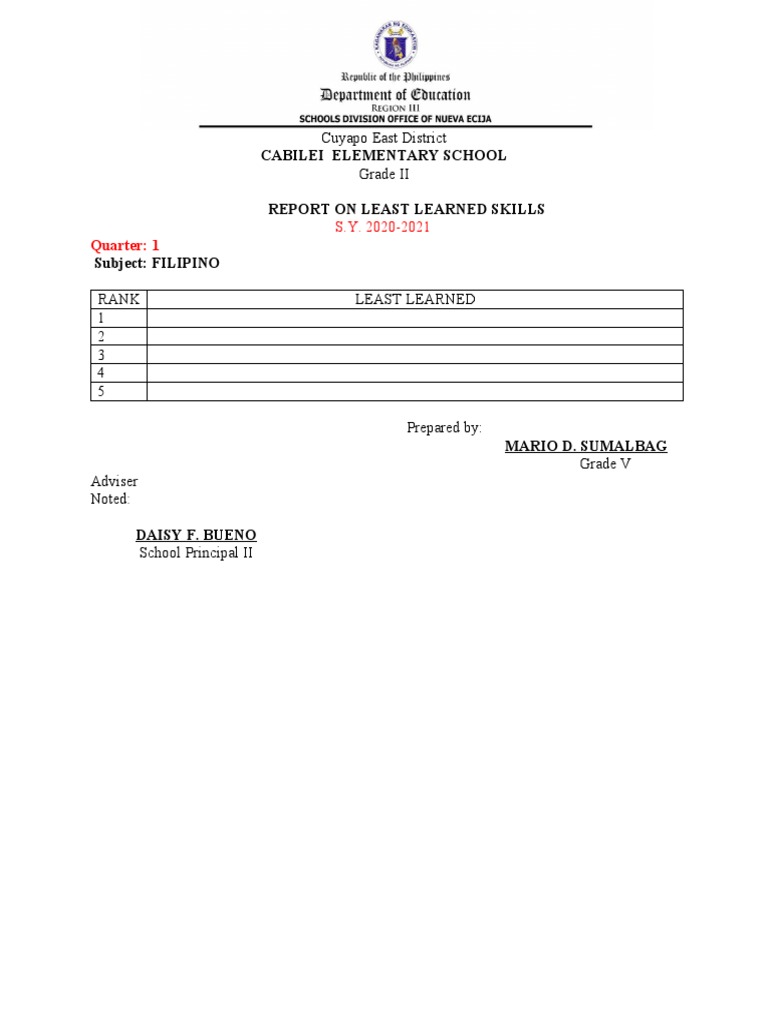 GRADE2 Least Learned in Filipino | PDF