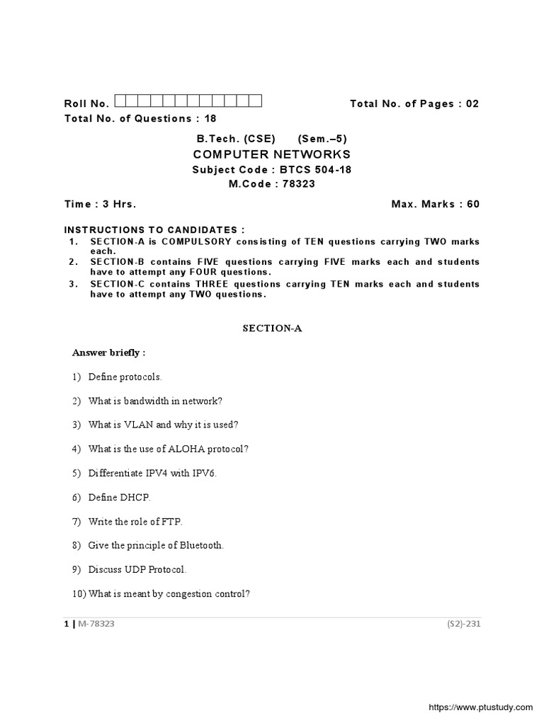 CSE 5th Sem Computer Networks Exam Paper | PDF