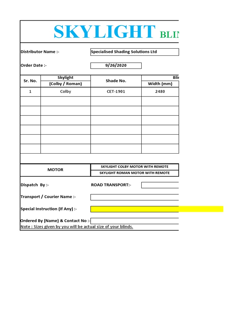 Skylight Blinds - Order Form CET-1901 | PDF