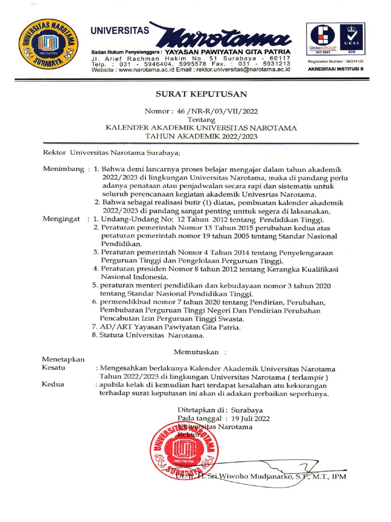 SK REKTOR NO. 46 TTG KALENDER AKADEMIK TA 2022-2023 | PDF
