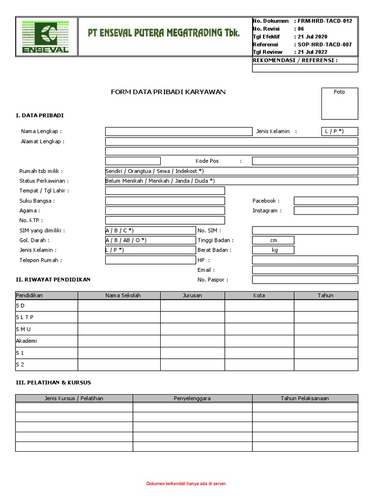 Frm-Hrd-Tacd-012 Form Data Pribadi r6 | PDF