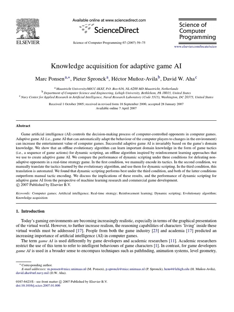 Knowledge Acquisition For Adaptive Game A 2007 Science Of Computer Programmi Pdf Artificial