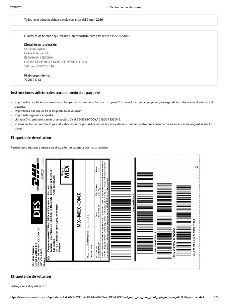 Instrucciones para Devoluciones DHL | PDF