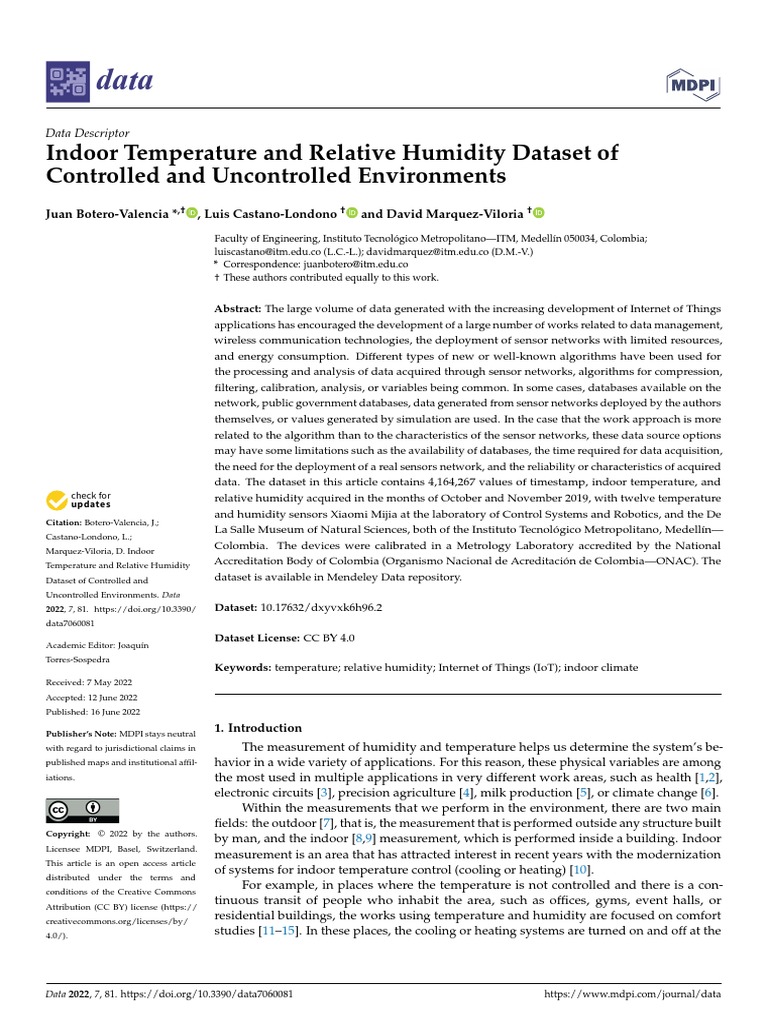 Indoor Temperature and Relative Humidity Dataset o | PDF | Wireless ...