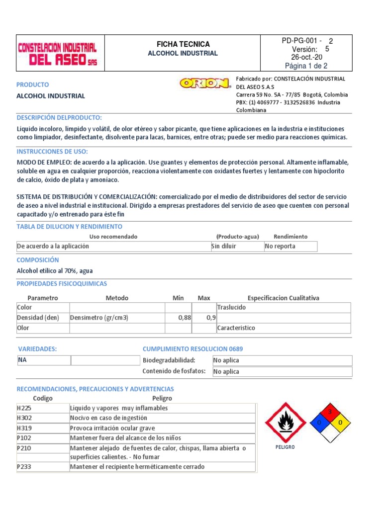 FT- ALCOHOL INDUSTRIAL ORION | PDF | Química | Sustancias químicas