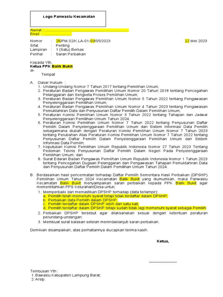 Draf Surat Saran Perbaikan DPSHP Kecamatan | PDF