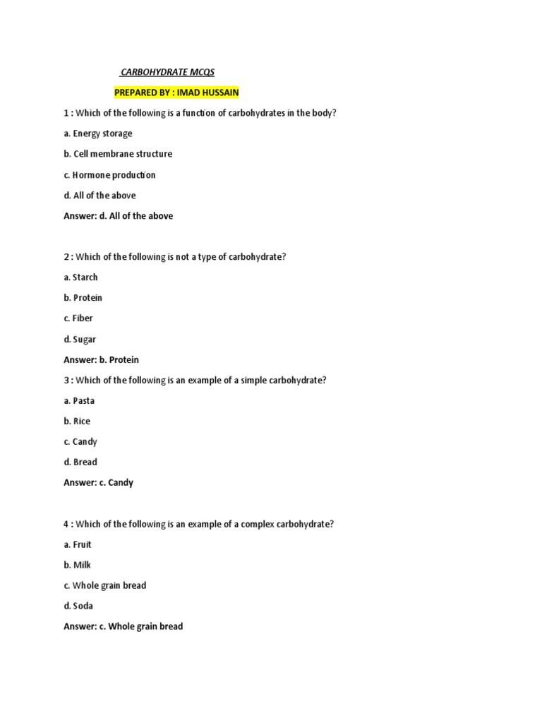 Carbohydrate Mcqs Basic | PDF | Carbohydrates | Dietary Fiber
