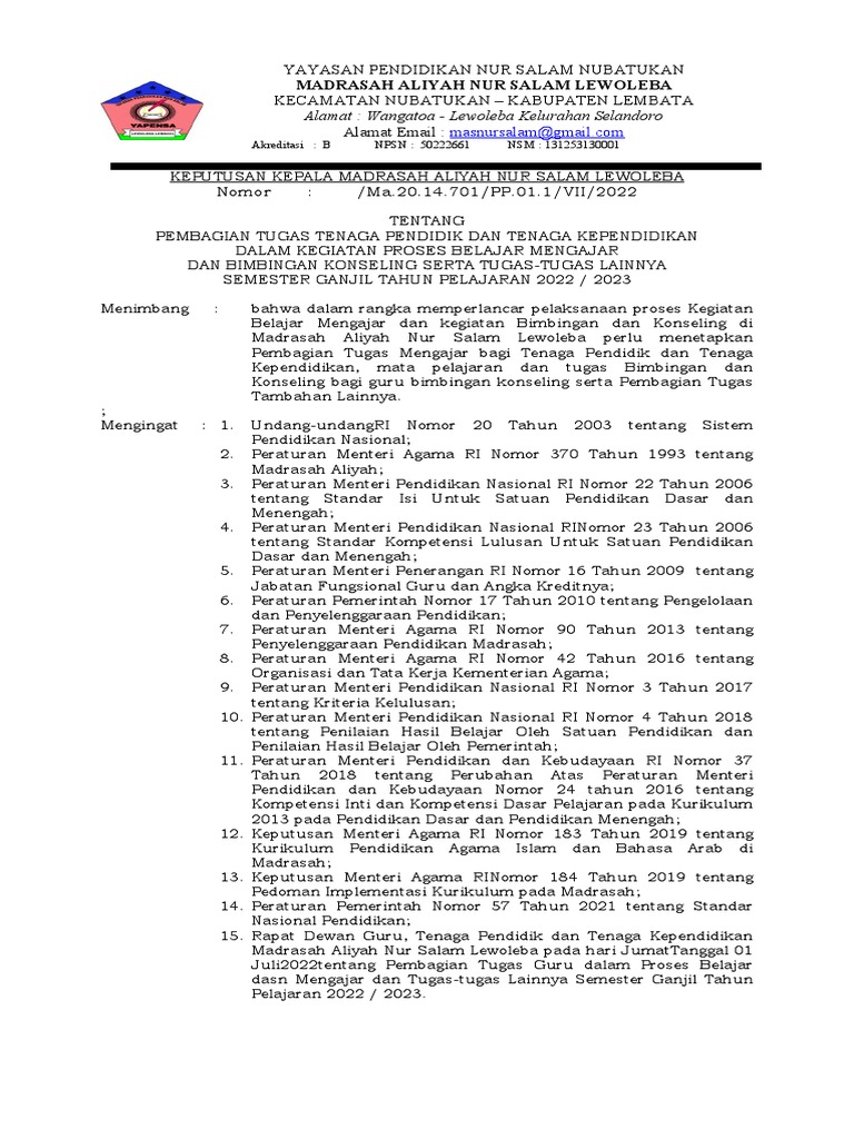 SK Pembagian Tugas 2022 2023 | PDF