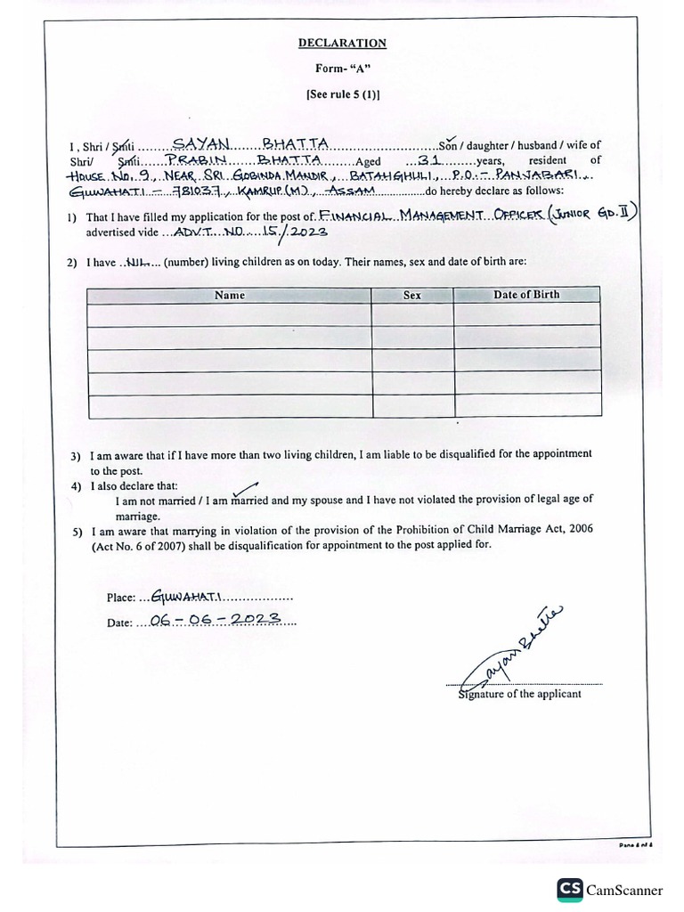 Form - A (APSC) | PDF