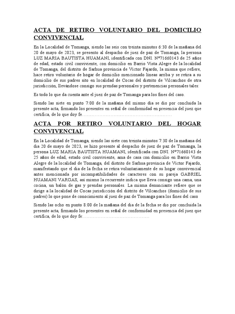 Acta de Retiro Voluntario Del Domicilio Convivencial | PDF | Derecho