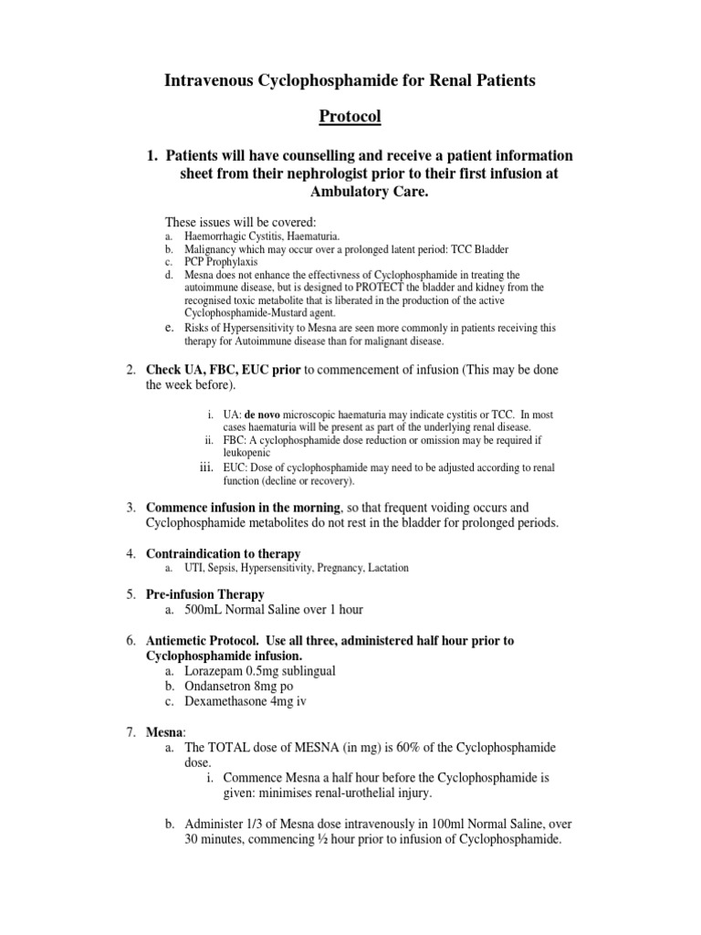 Intravenous Cyclophosphamide Protocol for Renal Patients | PDF ...