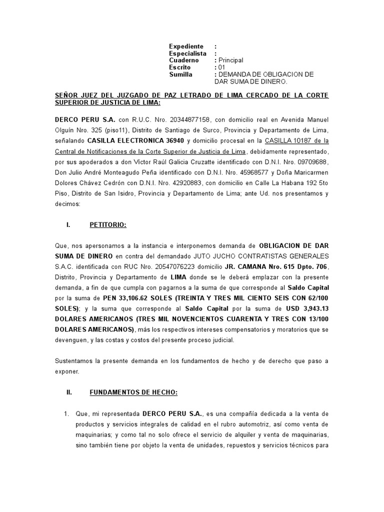 Demanda Odsd Derco - Cliente Juto Jucho | PDF | Pagaré | Dólar de los Estados Unidos