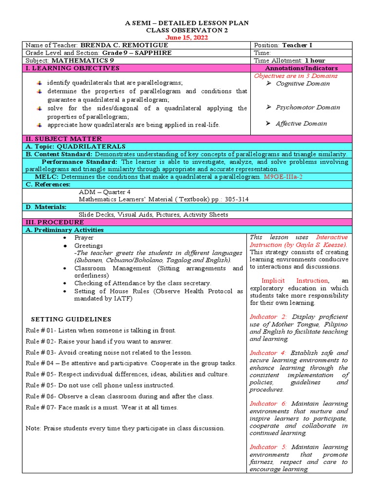 Grade 9 Quadrilaterals Lesson Plan | PDF | Learning | Communication