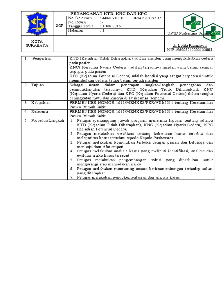 SOP Penanganan KTD, KPC, KNC | PDF