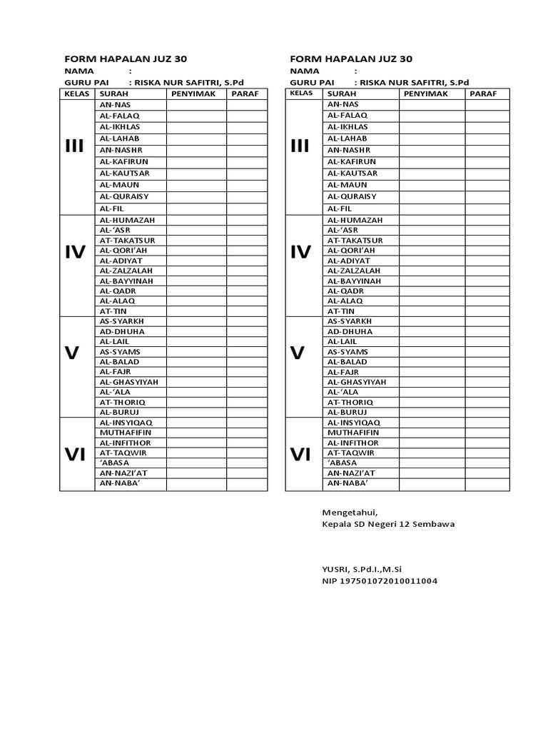Form Hapalan Juz 30 | PDF