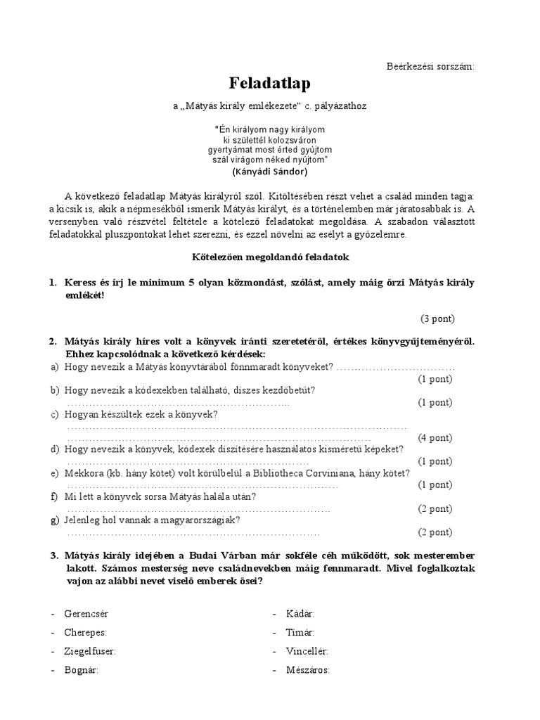 Matyas Kiraly Feladatlap | PDF