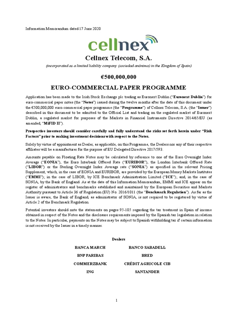 Cellnex ECP Programme 2020 - Information Memorandum Final | PDF