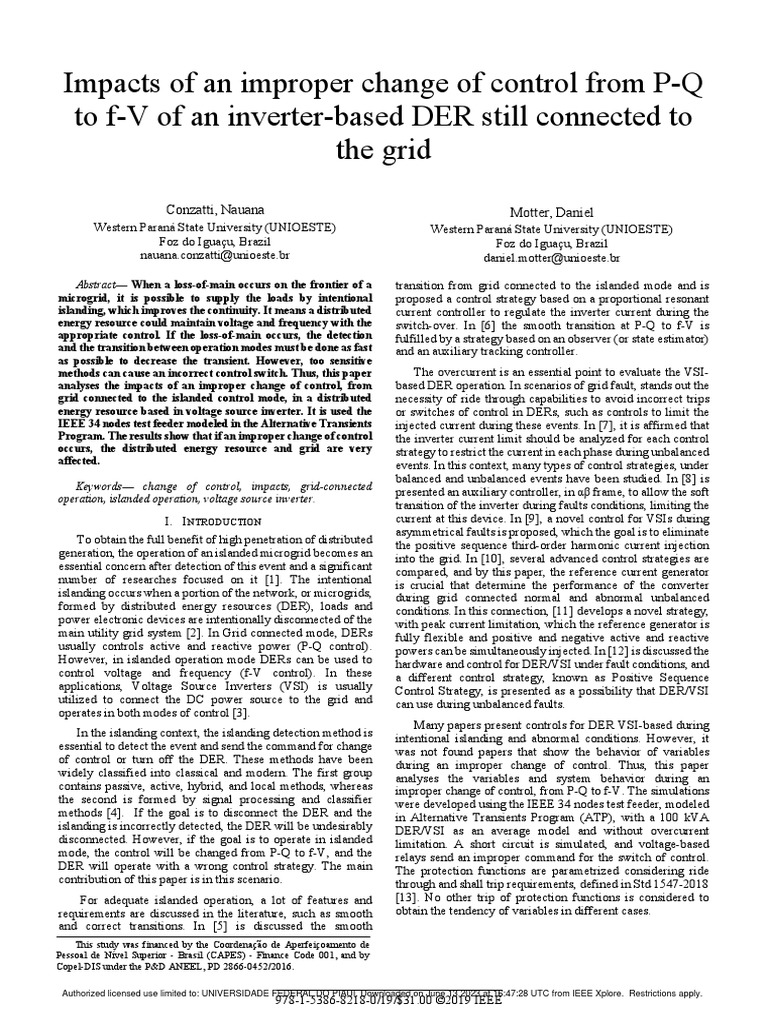 Impacts of An Improper Change of Control From P-Q To F-V of An Inverter-Based DER Still ...