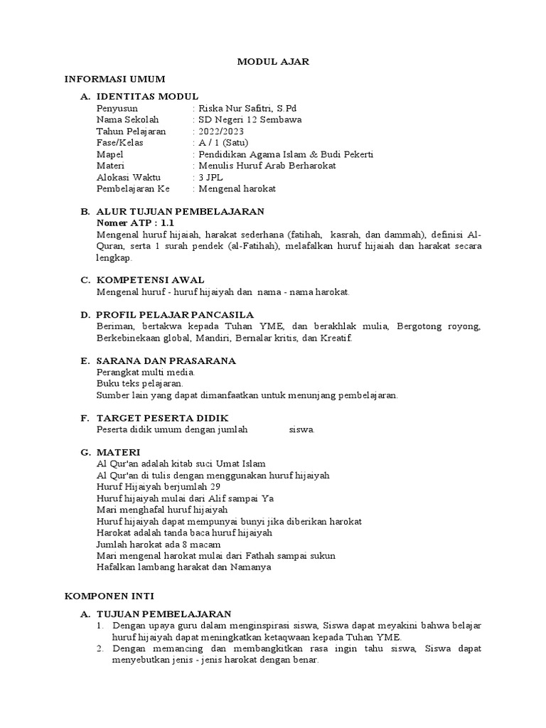 MODUL AJAR PAI KLS 1 PEMBELAJARAN 1 | PDF