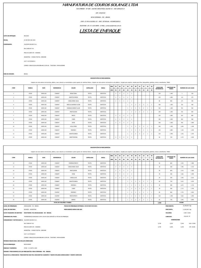 Lista de Empaque - 003-2023 | PDF