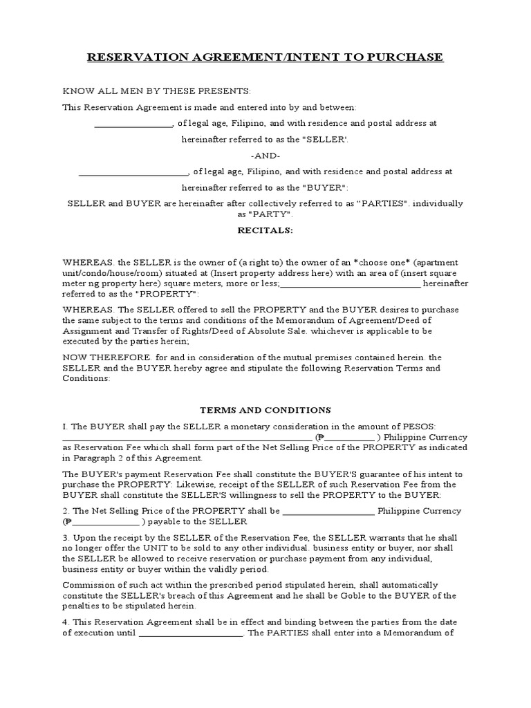Intent To Purchase-Reservation Agreement | Download Free PDF | Sales | Business