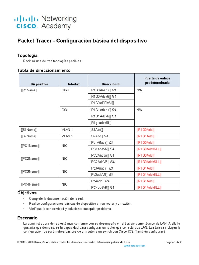 10.4.3 Packet Tracer - Basic Device Configuration - Es XL | PDF