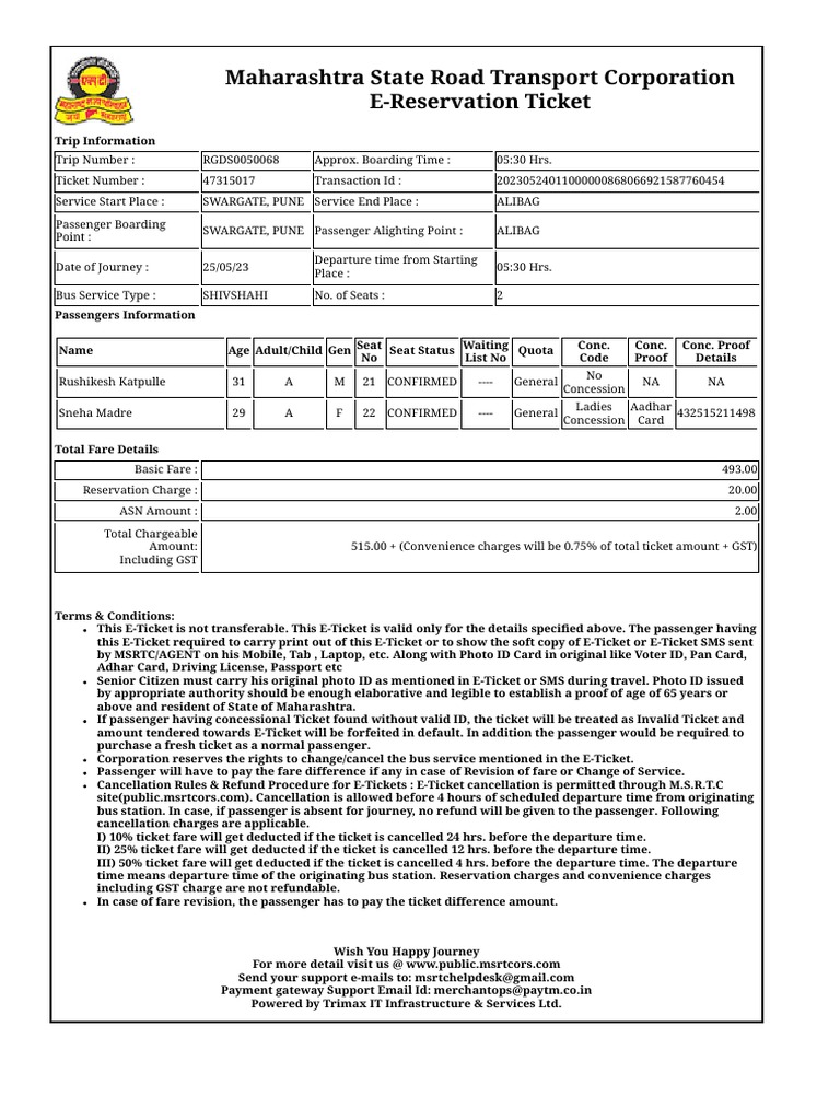 MSRTC - Online Reservation System | PDF | Identity Document | Fare