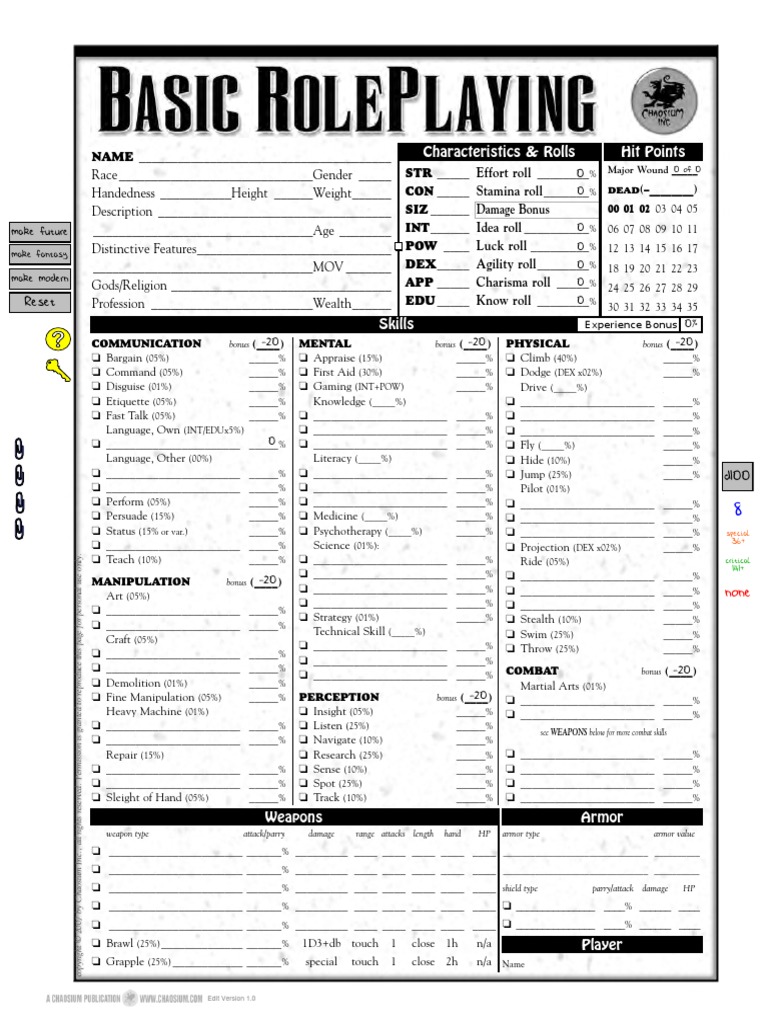 BRP Character Sheet Basic (Fillable) | PDF