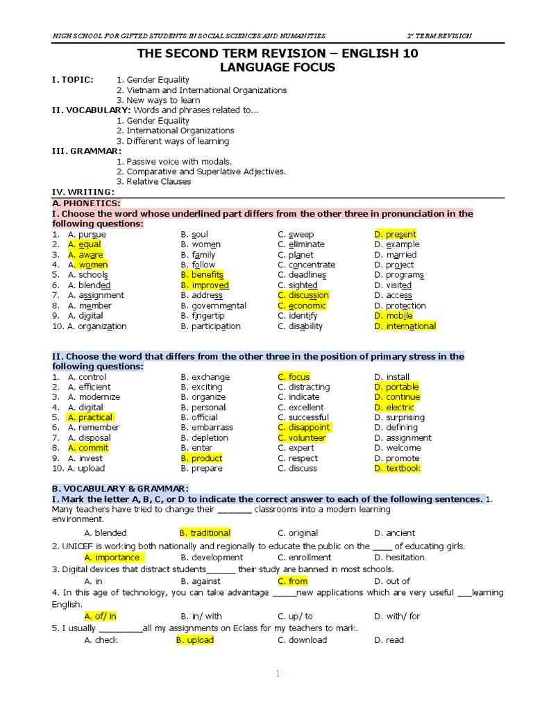 HSSH - ĐÁP ÁN ĐỀ CƯƠNG CUỐI KỲ 2 - KHỐI 10 | PDF | Gender Role | Gender